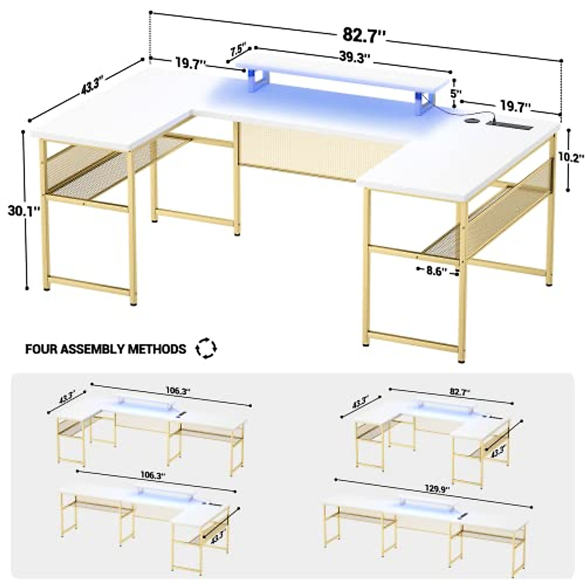 Unikito U Shaped Desk with LED Strip and Power Outlet, Reversible Large Corner Computer Desk with Monitor Stand and Storage Shelf, 83 Inch U Shape Office Desks, 2 Person L Shaped Gaming Table, White