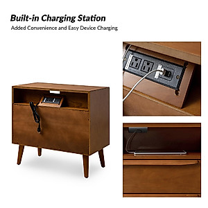 HULALA HOME Nightstand with Charging Station, Set of 2 Mid-Century Modern 2 Drawer and Open Shelf Dresser for Bedroom, Fluted Bedside Table, Acorn