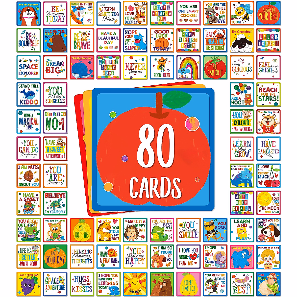 Gethelud 80 PCS Lunch Box Notes for kids, Inspirational Words with Adorable Designs Positive Affirmation Cards for Boys’ and Girls’ Lunch Boxes