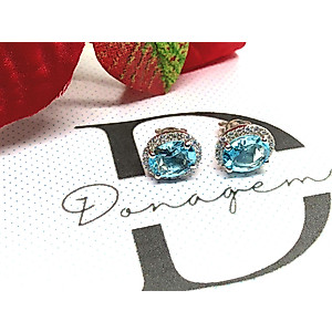 DONAGEMS 9x7 Oval Cut Gemstone Halo Studs Earrings with Push Back - Aquamarine