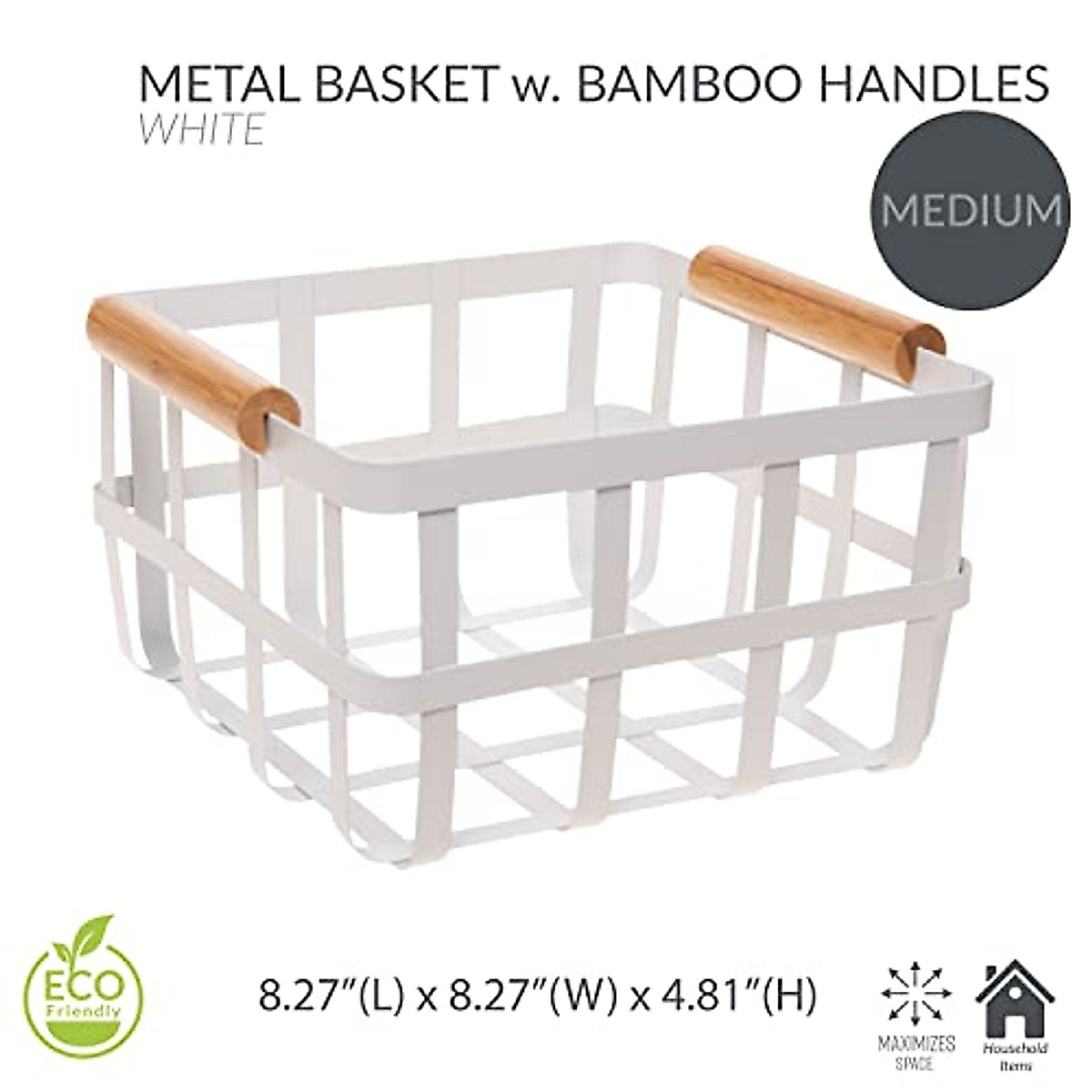 Simplify Square Metal Storage Basket with Bamboo Handles | Medium | Farmhouse Style Wire Basket | Home Organizer | Decorative | Rustic | White