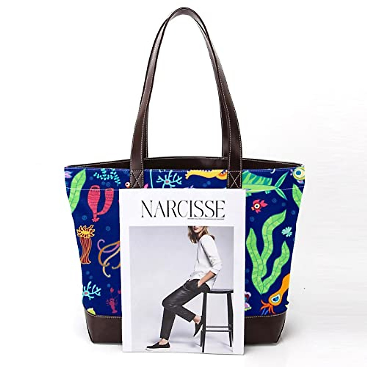 Women's Large Size Canvas Shoulder Bag Hobo Crossbody Handbag Casual Tote, Cartoon Sea Animal Octopus Sea Turtle Scallop