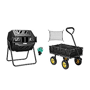 VIVOHOME Outdoor Tumbling Composter Dual Rotating Batch Compost Tumblers and Heavy Duty 400Lb Steel Garden Cart with Liner,Removable Sides and 8 inch Wheels (Black)