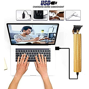 Electric Pro Hair Clippers T-Blade Beard Trimmer USB Rechargeable Cordless Outliner Hair Trimmers for Men Professional Grooming Kit With 4 Limit Comb Gold(0/1.5/3/6/9 mm)
