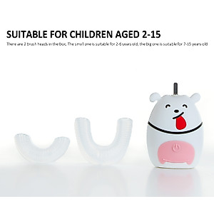 AIXIU Automatic Electric Toothbrush Kids with U Shaped Brushes, 360° Ultrasonic Toothbrush with 2 Different Size Brush Head, IPX7 Waterproof, Three Clearing Modes, for Toddlers Children Age 2-14