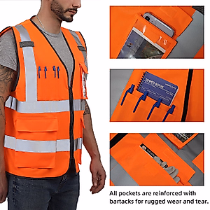 Dib Safety Vest Reflective ANSI Class 2, High Visibility Vest with Pockets and Zipper, Construction Work Vest Hi Vis Orange L