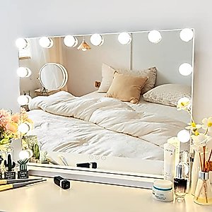 NUSVAN Vanity Mirror with Lights Lighted Makeup Mirror with 15 Dimmable LED Bulbs,3 Color Lighting Modes,USB Charging Port Touch Control,Sturdy Metal Frame Design 24x18 Inch,White