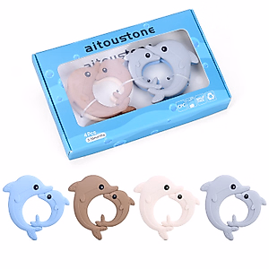 Aitoustone Soft Dolphin Teething Teether Toys for Babies 0-6 & 6-12 Months, 4 Pack Gift, BPA Free, Chewing Relief with Easy to Hold Handles