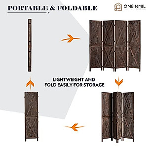 oneinmil Room Divider, 5.8 Ft Tall Folding Privacy Screens Room Divider, 4 Panel Wood Freestanding Partition Wall Dividers, Rustic Barnwood, Brown