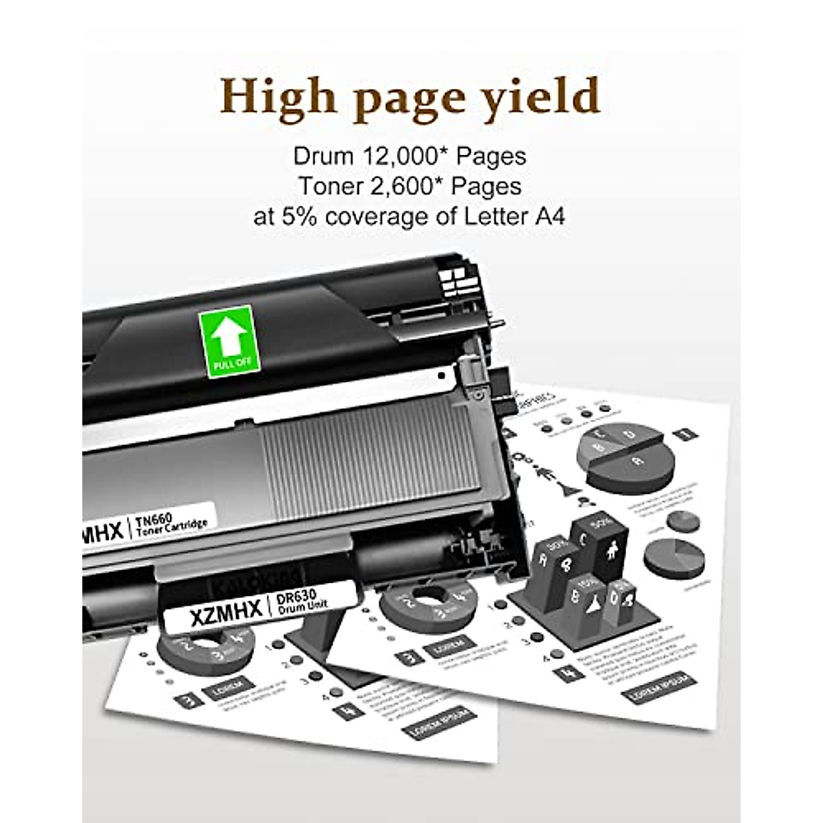 XZMHX Compatible Drum Unit and Toner Cartridge Replacement for Brother TN660 TN 660 TN630 TN 630 DR630 DR 630 High Yield for HL-L2300D HL-L2380DW DCP-L2540DW MFC-L2740DW Printer (DR630+TN660)