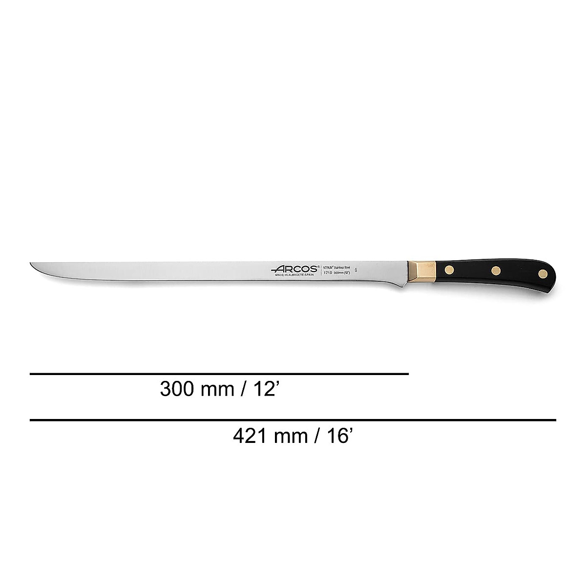 ARCOS Carving Knife 12 Inch Stainless Steel. Ham Slicer Knife for Cutting Ham and Meat. Ergonomic Polyoxymethylene Handle and 300mm Blade. Series Regia. Color Black/Gold