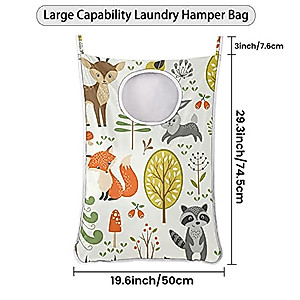 Woodland Animals Hanging Laundry Hamper Bag with 2 Door Hooks, Fox Elk Bear Mushroom Holding Dirty Clothes Bag, Saving Space Hanging Laundry Bag for Door Wall, Closet, Bathroom