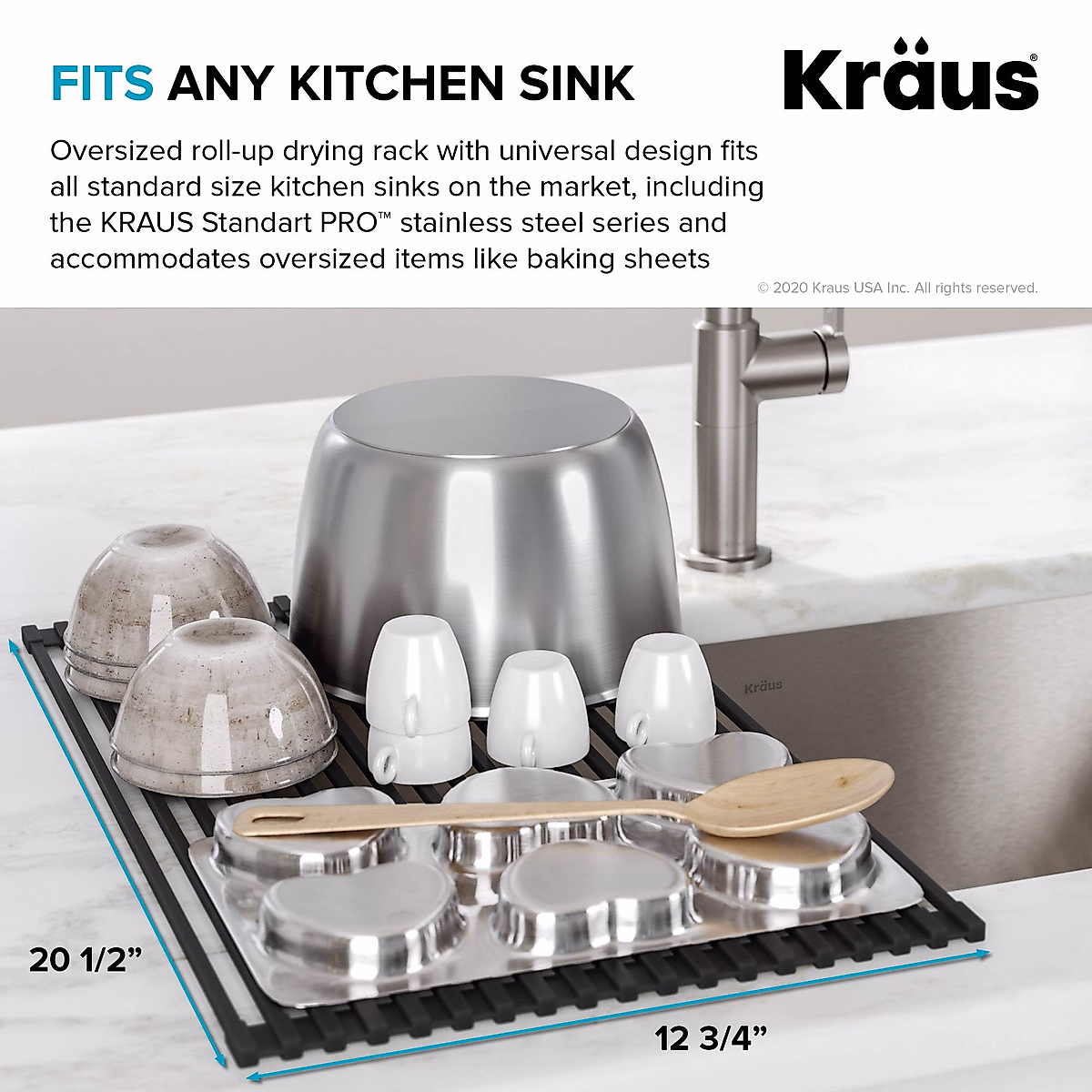 KRAUS Multipurpose Over-Sink Roll-Up Dish Drying Rack, Colander and Trivet in Black, KRM-10BLACK