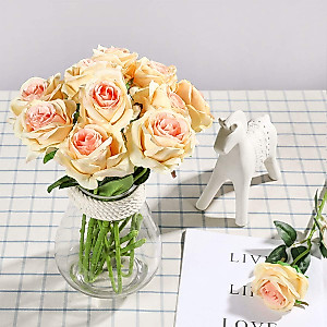 Tifuly 12Pcs Champagne Rose Artificial Flower, Realistic Single Stem Fake Silk Rose Bouquet for Wedding Party Home Centerpiece Hotel Office Decor