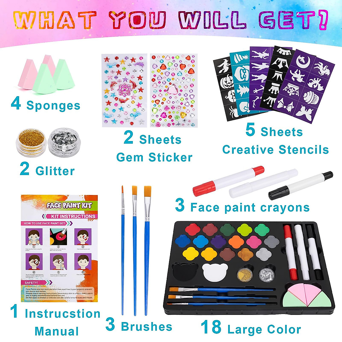 Face Painting Kit for Kids,18 Colors Face Paint Kit with Stencils Professional,Water Based Non Toxic Facepaint Makeup Kit with Gem Sticker Brushes Crayons for School Carnival,Halloween,Christmas Party