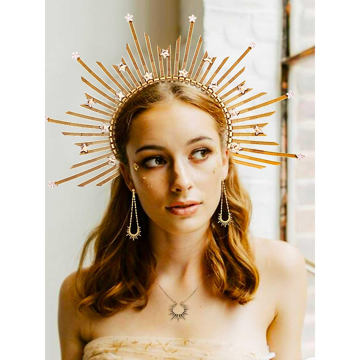 JeVenis 4 PCS Gold Halo Crown Baroque Headband Sun Goddess Tiara and Crown Sunburst Headband Cosplay Wedding Festival Headpiece
