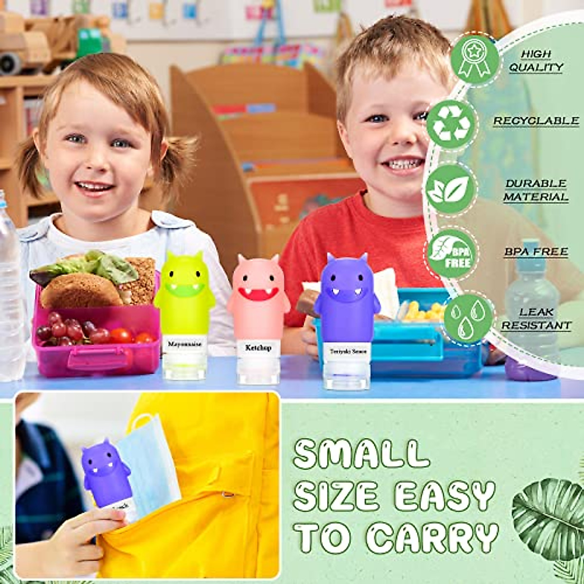 Meanplan 9 Pcs 6 Silicone Condiment Squeeze Bottles Squeeze Salad Dressing Bottles Portable Sauce Bottle Leak Proof Food Storage Bottles with Cleaning Brush Label Sticker Funnels for Lunch (Devil)