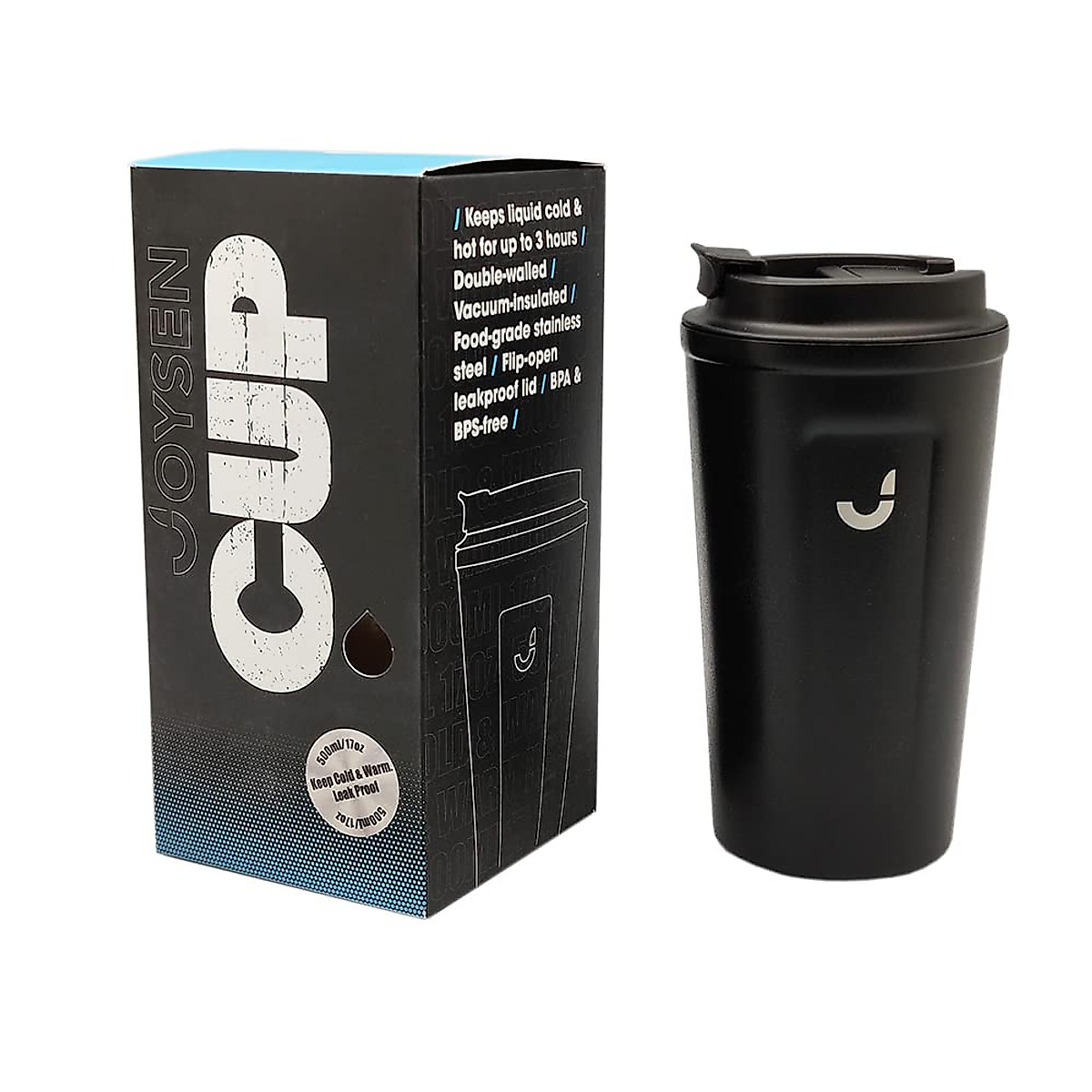 JOYSEN 17 oz Insulated Mug with Spill Proof Lid, Keeps Beverages Hot or Cold for Hours, Ideal for Commuters, Reusable Stainless Steel, Double Wall (Black)