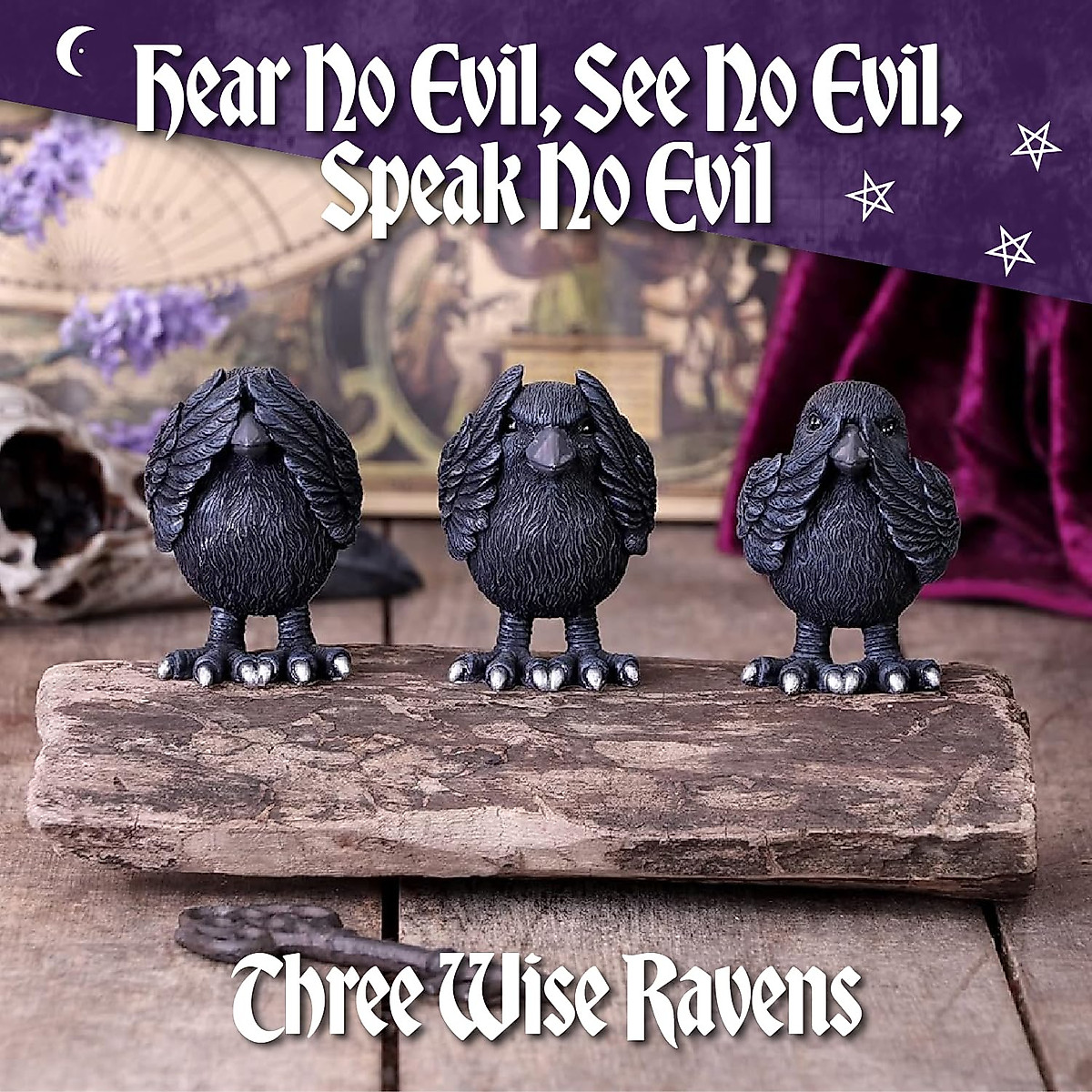 Nemesis Now Three Wise See No Evil Hear No Evil Speak No Evil Figurines, Adorable Hand-Painted Resin Collectibles and Gift - Ravens