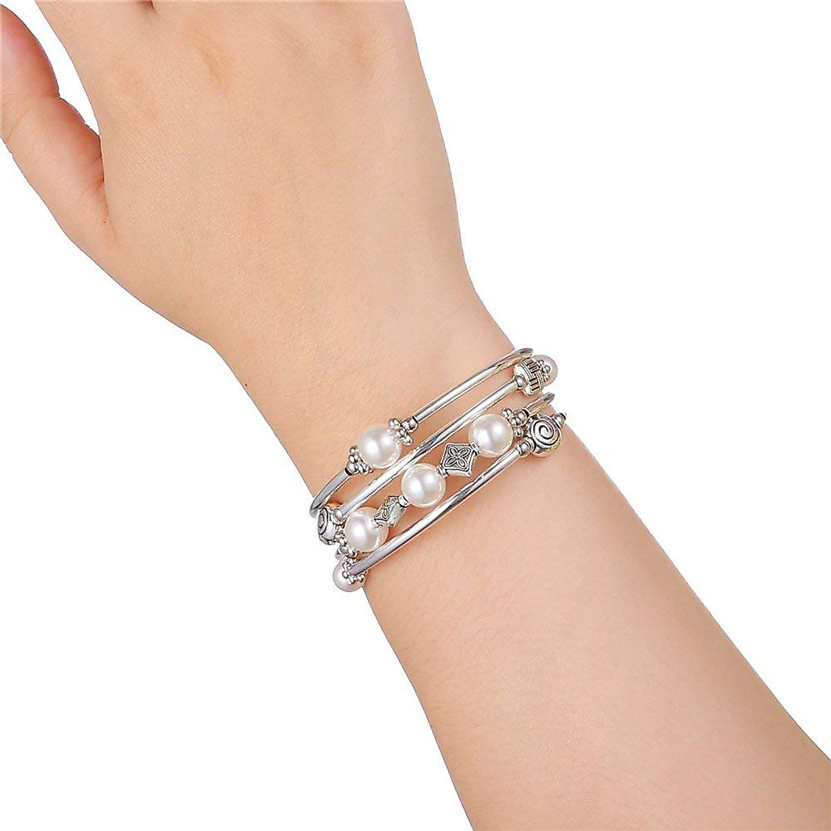 Beaded Pearl Bangle Wrap Bracelet - Fashion Bohemian Jewelry Multilayer Charm Bracelet with Thick Silver Metal Beads, Gift For Women (White)
