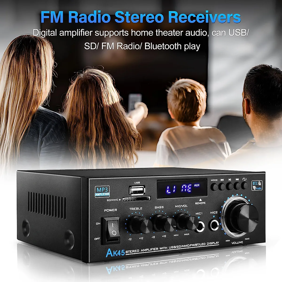 AK45 Home Audio Power Amplifier with Bluetooth, 100Wx2 Audio Stereo Receiver, Home Amplifiers w/FM Radio USB, AUX, RCA, SD for Home Theater Speakers Audio Stereo, Studio
