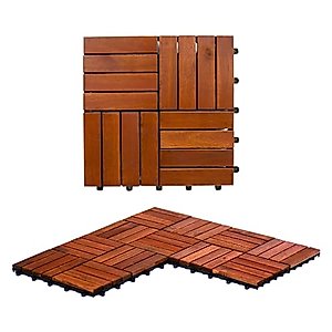 10 PCs Acacia Wood 12x12 inches, Interlocking Deck Tiles Outdoor All Weather, 12 Slats (Teak-9pcs)