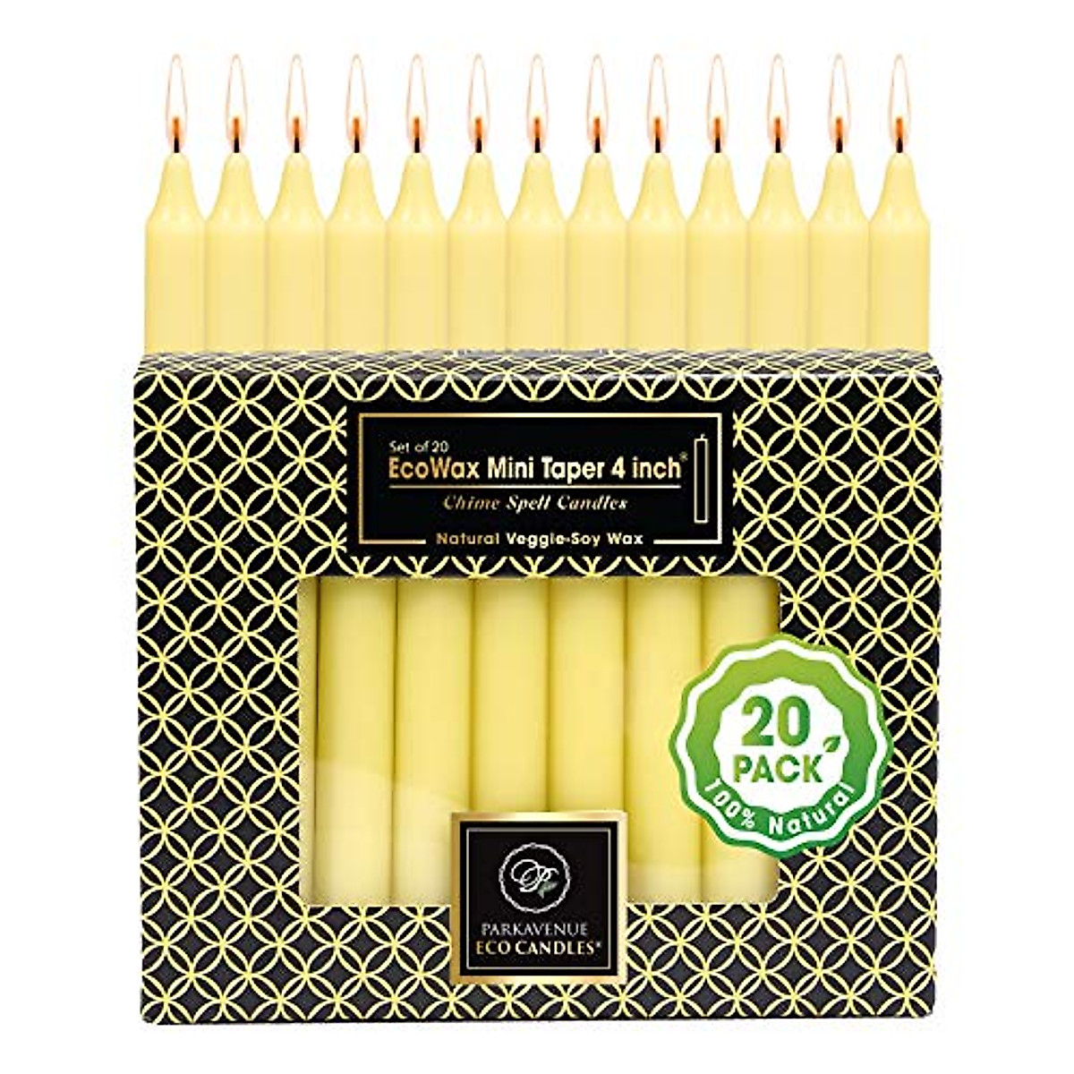 CocoSoy Organic Mini Taper 4" Hand-Poured Botanical Candle for Spells Chime Rituals Prayer Witchcraft Supplies. Cute Party Birthday Candles. Premium Coconut Soy Wax 20-Pack Yellow Candles