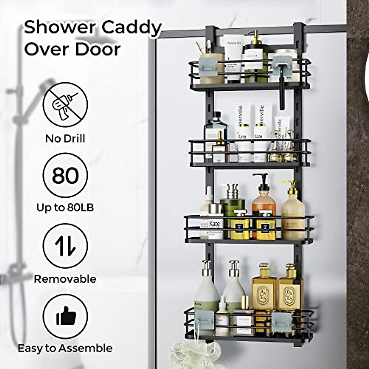 ODesign Shower Caddy Hanging Over the Door Bathroom Kitchen Shelves Organizer Basket Rustproof - Black
