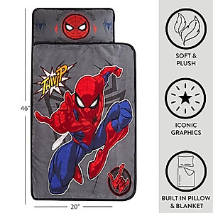 Idea Nuova Marvel Spiderman Super Soft Toddler Quilted Nap Mat with Built in Pillow, 26"x46", Multicolor
