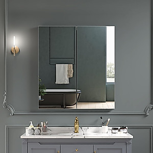 Quavikey Aluminum Medicine Cabinet with 2 Doors Recessed or Surface Mount Bathroom Mirror Cabinets 24x26 Inch, Silver