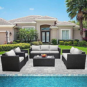 Rattaner 5-Piece Patio Furniture Sofa Set Outdoor Wicker Sectional Couch with Storage Table No-Slip Cushions Furniture Covers, Grey