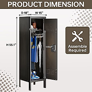 MIIIKO Metal Storage Locker Cabinet with 1 Door, Steel Wardrobe Cabinet with Hanging Hooks, Locker for Bedroom, Home Office, Gym and Changing Room