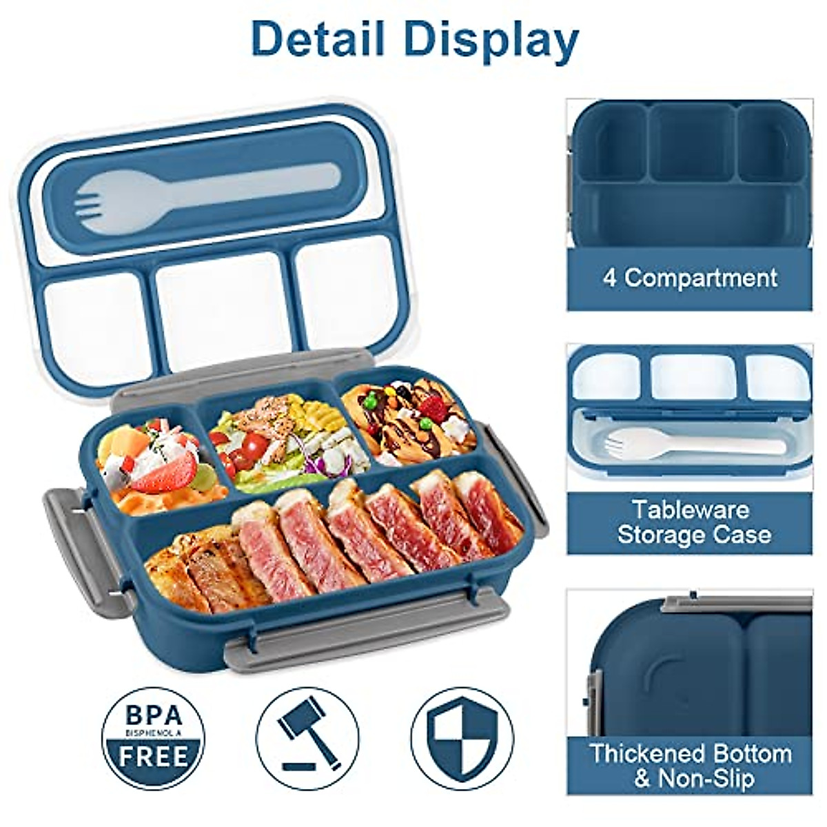 BentoMoment Bento Lunch Box, 4 Compartments Lunch Box Containers for Adults, 5 Cups Bento Box with Utensils& Fruit Fork, Cute Snack Lunch Box, Leakproof Microwave Safe Bento Boxes, Blue