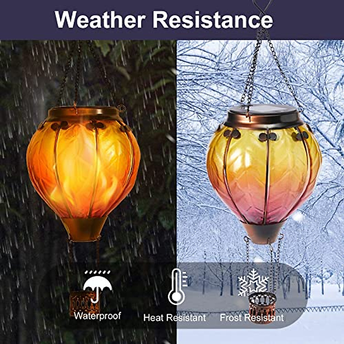 pearlstar Hot Air Balloon Solar Lantern with Flickering Flame Light, Outdoor Solar Hanging Lights Waterproof for Garden Yard Patio Farmhouse Decoration, Stained Glass Gradient Orange