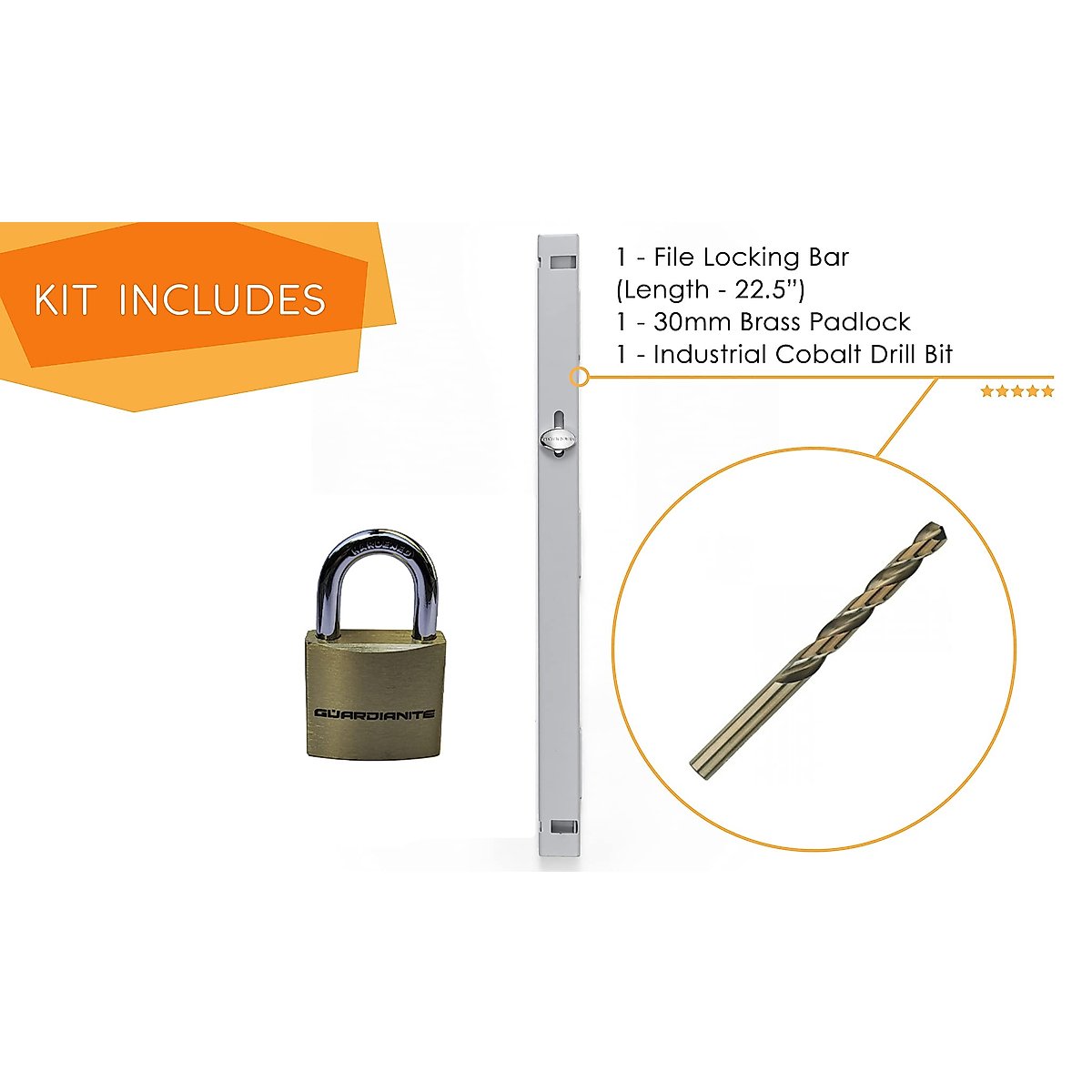 Guardianite File Cabinet Locking Bar. Fits 2 and 3 Drawer File Cabinets. includes Padlock and Cobalt Drill Bit. (Gray)