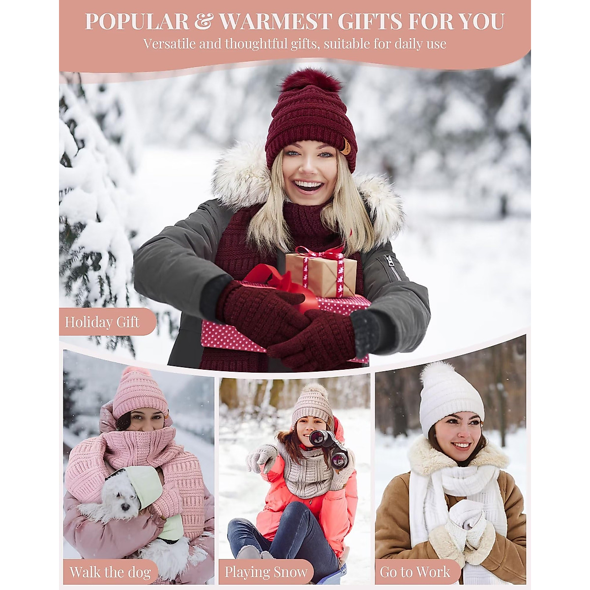 Womens Winter Beanie With Pom Pom, Fleece Lined Scarf and Touchscreen Gloves Set for Cold Weather (Black)