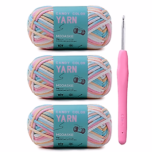 Mooaske 3 Pack (3 x 50g) Crochet Yarn with Crochet Hook - Worsted Medium Yarn for Crocheting - Easy-to-See Stitches Cotton-Nylon Blend Beginner Knitting Yarn for Adults and Kids