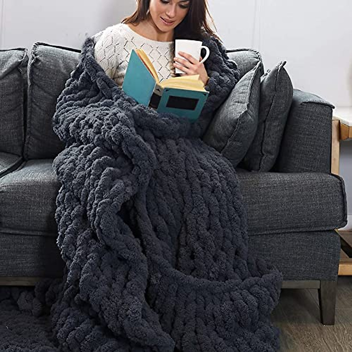 Chunky Knit Throw Blanket Soft Cozy Chenille Casual Handwoven Blanket for Bed Sofa Chair Home Decor (Dark Gray, 60" × 80")