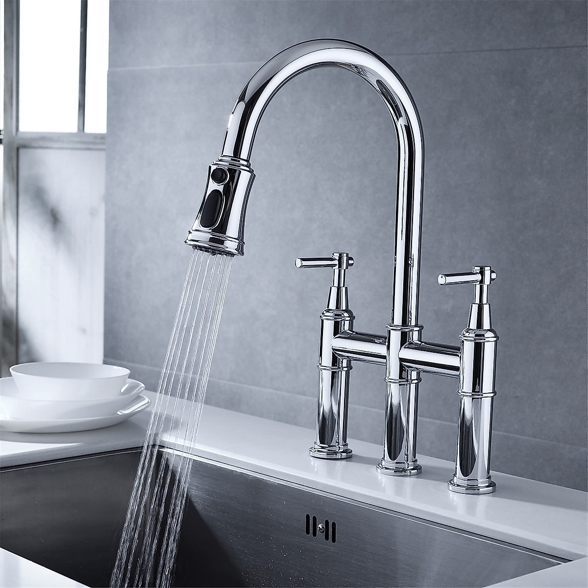 Bridge Kitchen Faucet with Pull-Down Sprayhead Chrome Chrome Finish