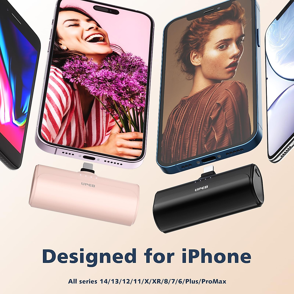 UPEB 2 Packs Portable Phone Charger iPhone 5000mAh with Built in Cable, MFi Certified Mini Power Bank Cordless External Battery Pack for All iPhone Series 14/13/12/11/XR/X/SE/8/7/6 Pro Max