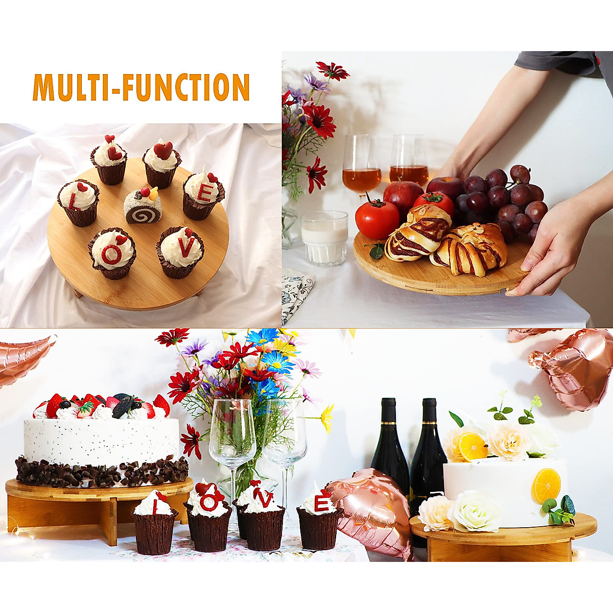 VSUINGO Bamboo Cake Stand, 12 Inch Round Cake Plate, Dessert Stand, Cupcake Stand with Detachable Base, Decorating Cake Holder