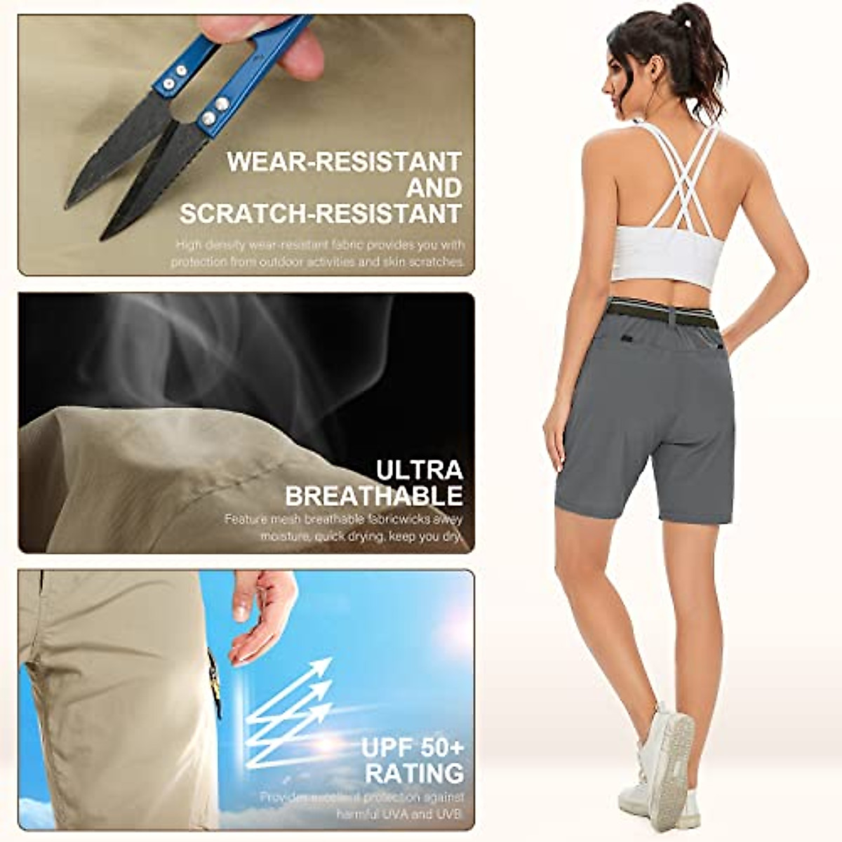 Jessie Kidden Womens Stretch Cargo Hiking Shorts Quick Dry Elastic Waist 7" Casual Shorts for Women Grey