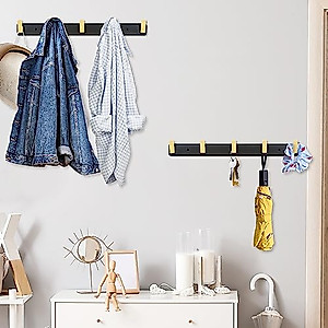 IBosins Coat Hooks Wall Mounted Coat Rack, 16.7'' Long, Entryway Hanging Coat Rack, Black Wood Coat Rack with 5 Gold Literary Rustic Hooks, Decorative Hooks Rail for Coat, Scarf, Bag, Towel, Hat