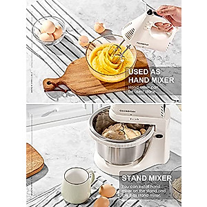 2 in 1 Hand Mixers Kitchen Electric Stand mixer with bowl 3 Quart, electric mixer handheld for Everyday Use, Dough Hooks & Mixer Beaters for Frosting, Meringues & More (White-S)