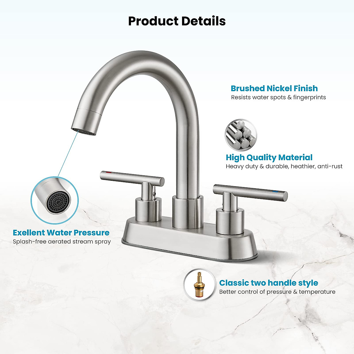 gotonovo 4 Inch Centerset Modern Bathroom Sink Faucet 2 Hole Brushed Nickel Swivel Spout 2-Handle Deck Mounted Lavatory Faucet with Water Supply Lines and Pop Up Drain