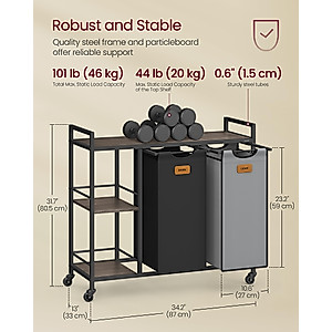 VASAGLE Laundry Hamper with 2 Compartments, 26.4 Gal. (100 L) Laundry Sorter, Rolling Laundry Cart with Shelves, Removable Liners, 6 Labels, Chestnut Brown, Ink Black and Dove Gray UBLH311B02