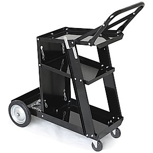 CAREU Welding Cart Plasma Cutting Machine with Universal Tank Storage 3-Tier Tig MIG Welder w/2 Safety Chains Trolley Workshop Organizer Black