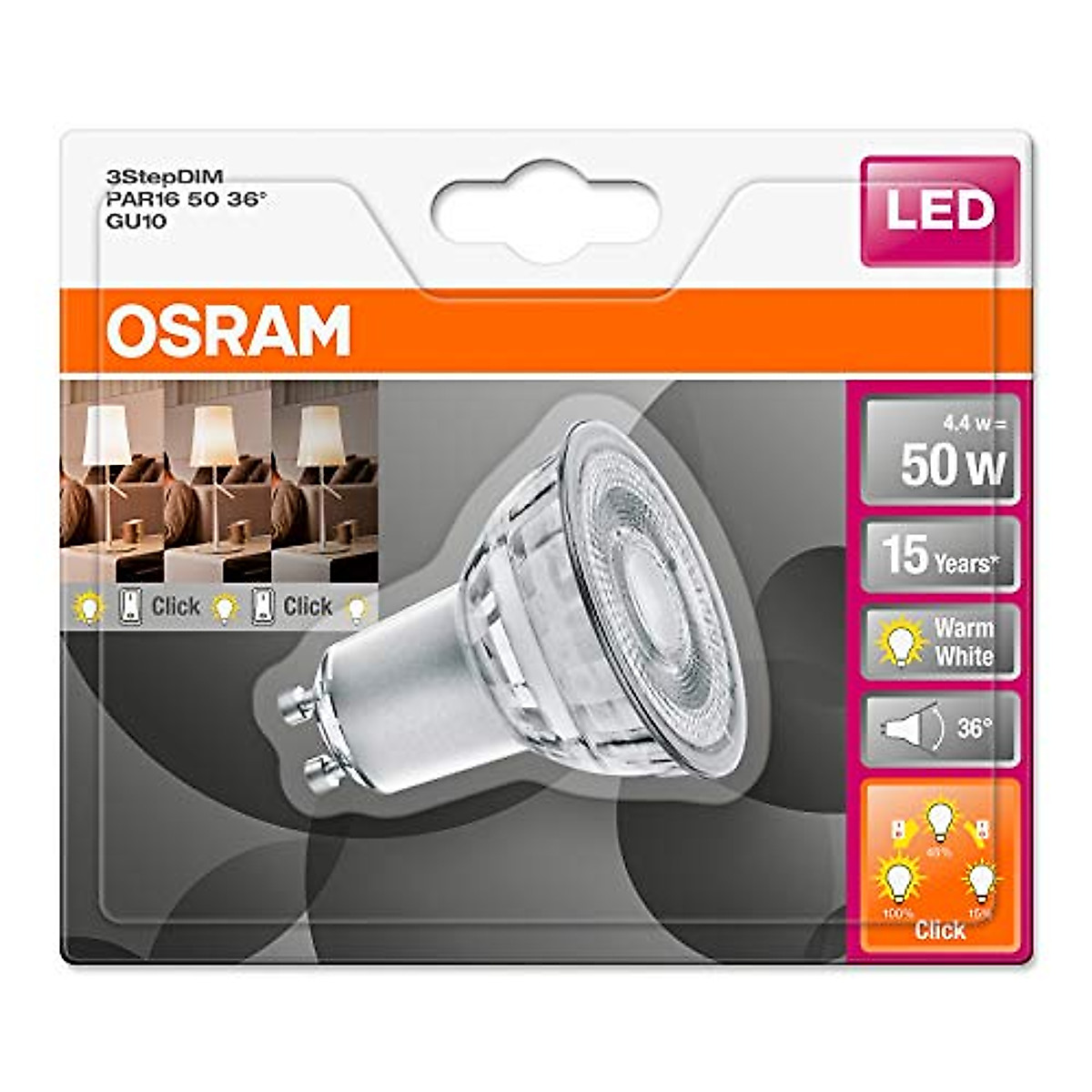 OSRAM LED Reflector lamp / Base: GU10 / Warm White / 2700 K / 4.40 W / Replacement for 50 W Reflector lamp / LED Three Step DIM PAR16 [Energy Efficiency Class A+] / Pack of 6
