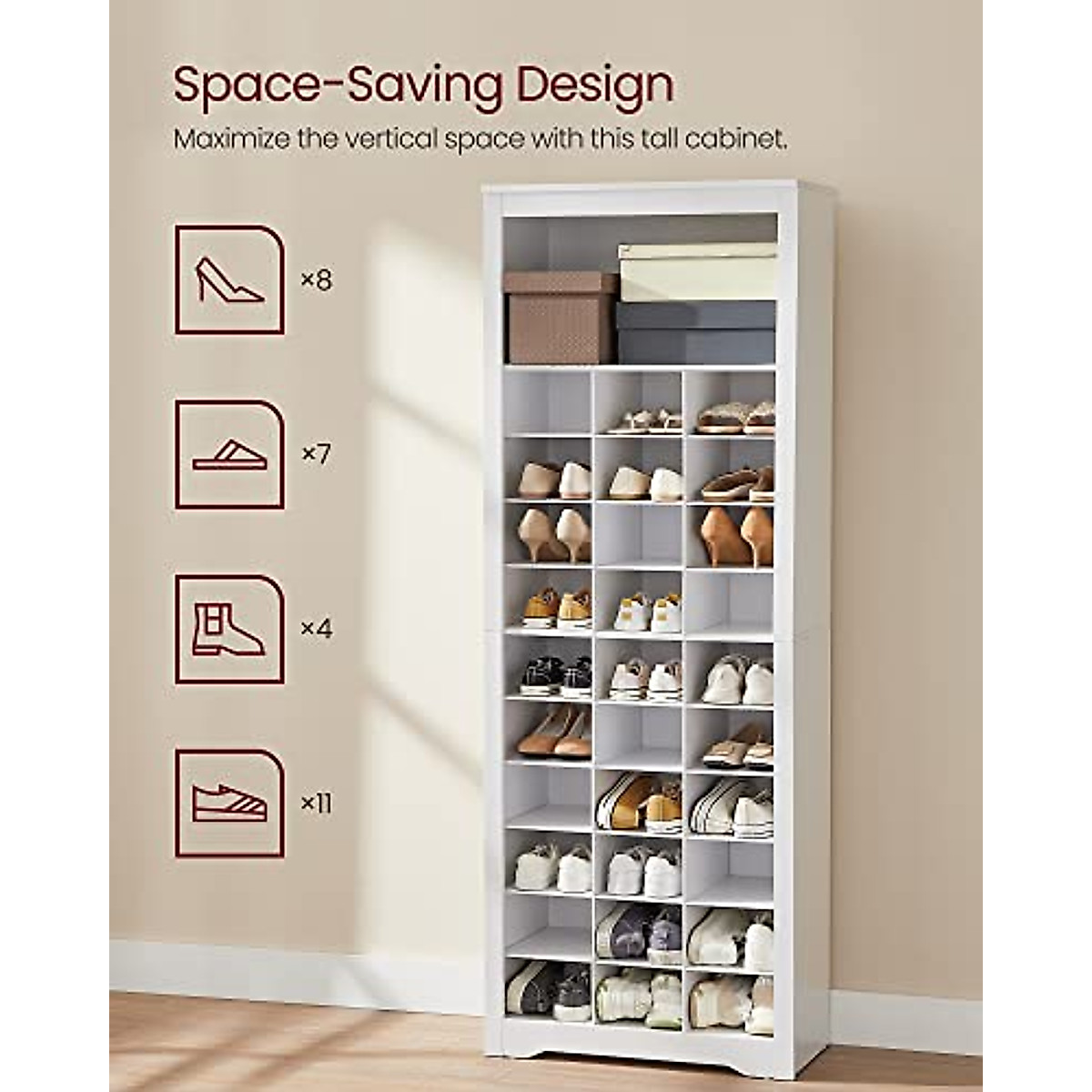 VASAGLE Shoe Storage Cabinet, 10 Tier Shoe Rack Organizer, Holds Up to 30 Pairs of Shoes, for Entryway Bedroom, 12.6 x 24.8 x 73.6 Inches, White ULBS273T14