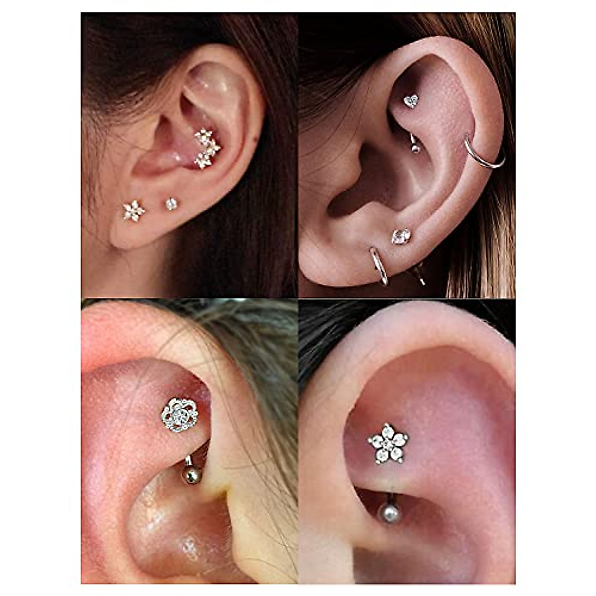 Vsnnsns 16G Rook Daith Piercing Jewelry Stainless Steel 8mm Curved Barbell Eyebrow Rings Helix Tragus Belly Lip Rings CZ Piercing Jewelry Cartilage Daith Rook Earrings for Women Men 12pcs Silve